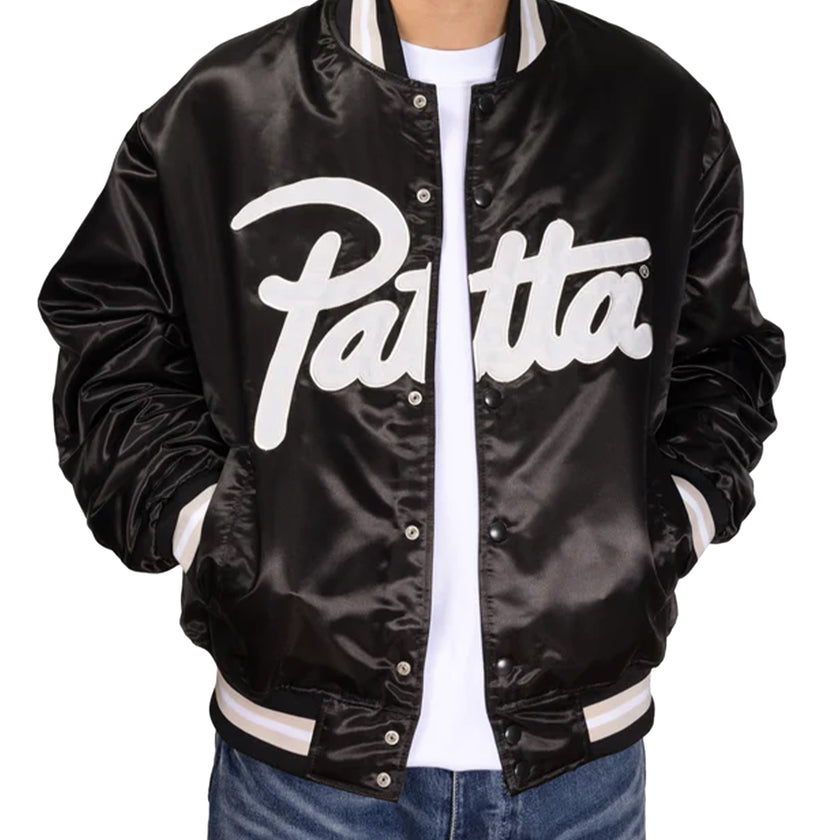Script Logo Satin Varsity Jacket Black | Starcowparis